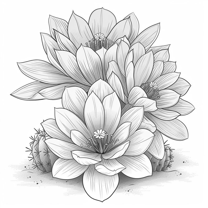 Cactus Blooms Line Art Black and White Bundle 1 24 Digital Line Art Ai ...