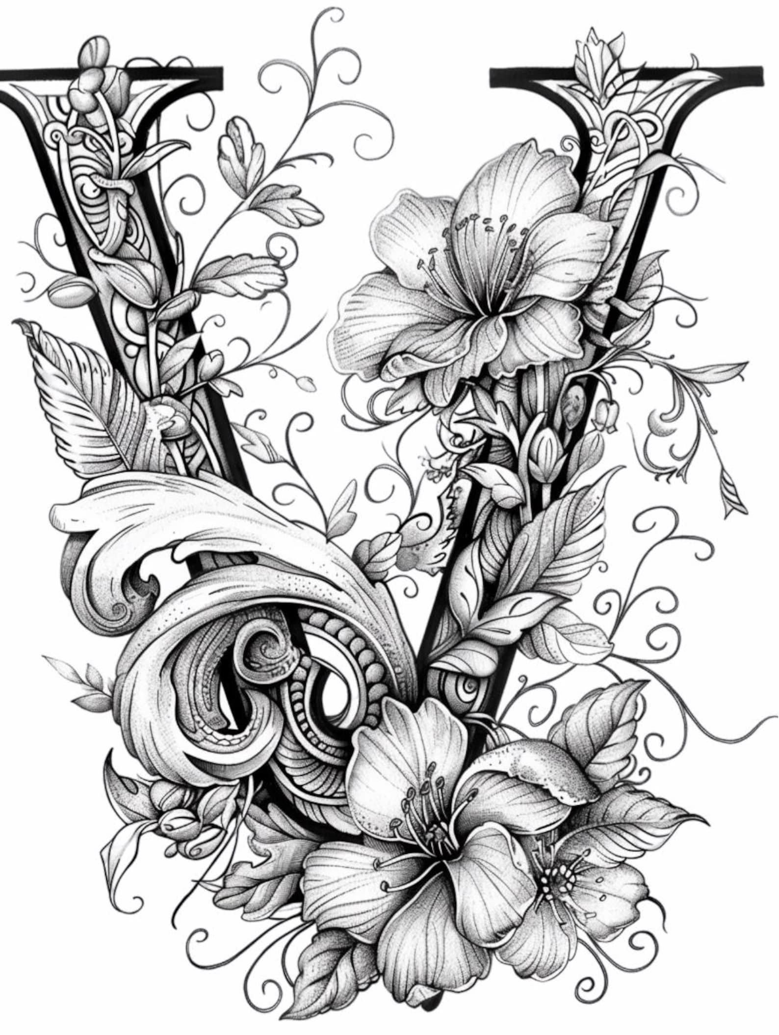 Cherry Blossom Alphabet Cap Drop Black/white Line Art Bundle V-Z 19 ...