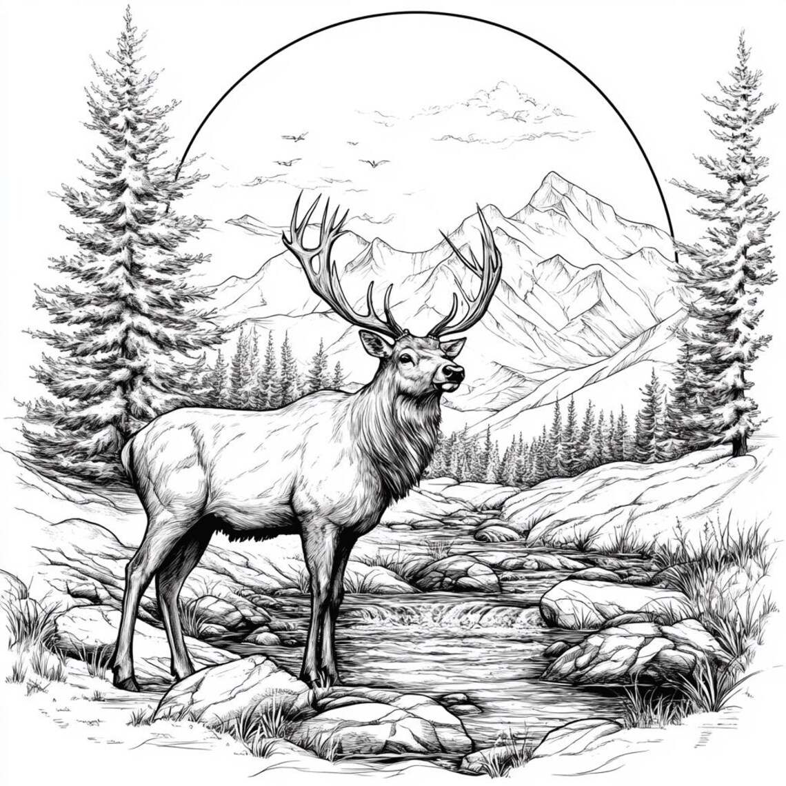 Elk Forrest Black and White Line Art Bundle 1 20 Digital Ai Line Art ...
