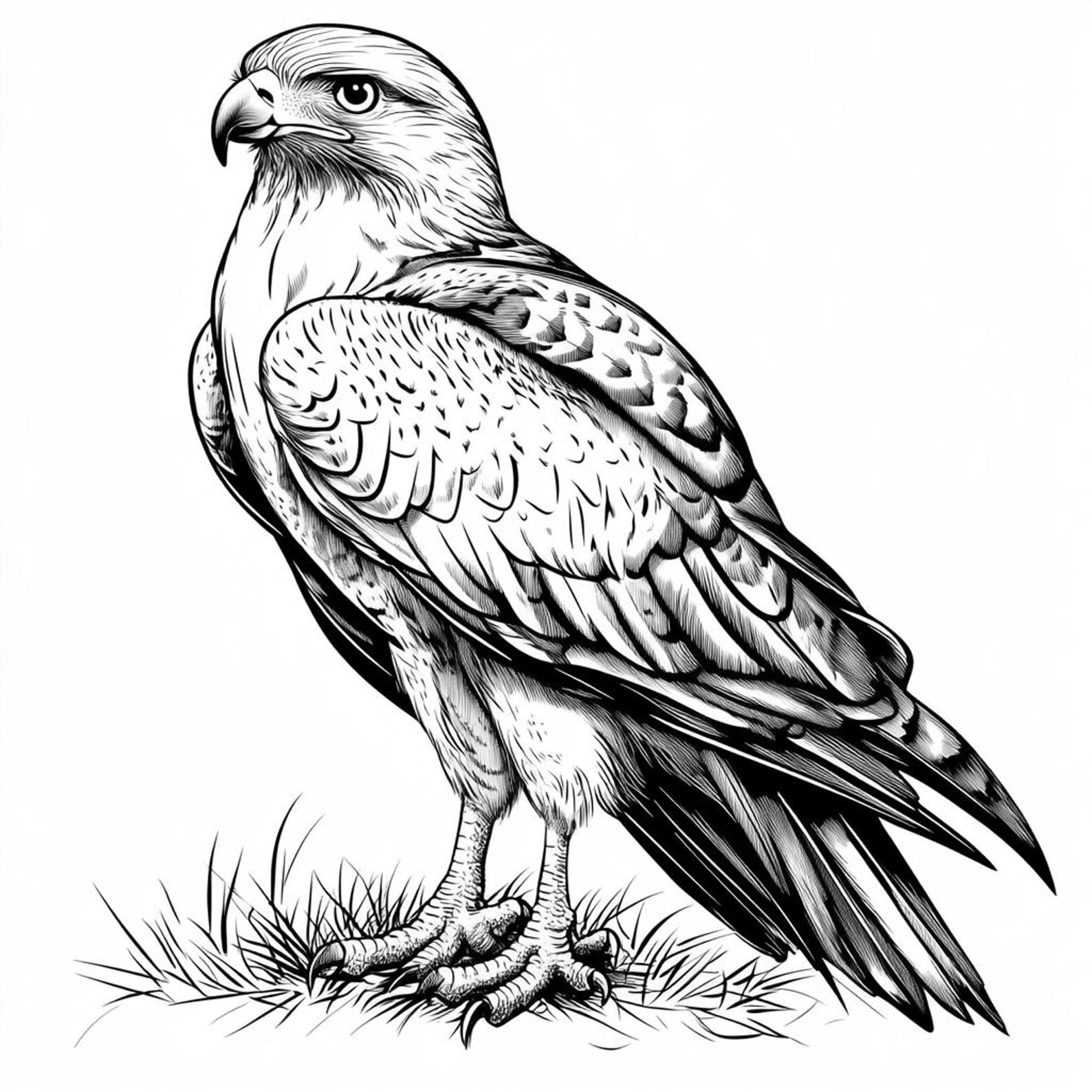 Hawk Redtail Line Art Illustration Black and White Bundle 2 38 Digital ...