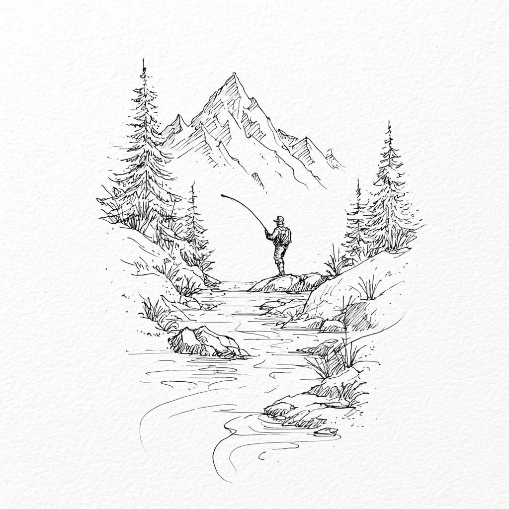 Fisherman in Mountain Stream Line Art Black and White Bundle 1 28 ...