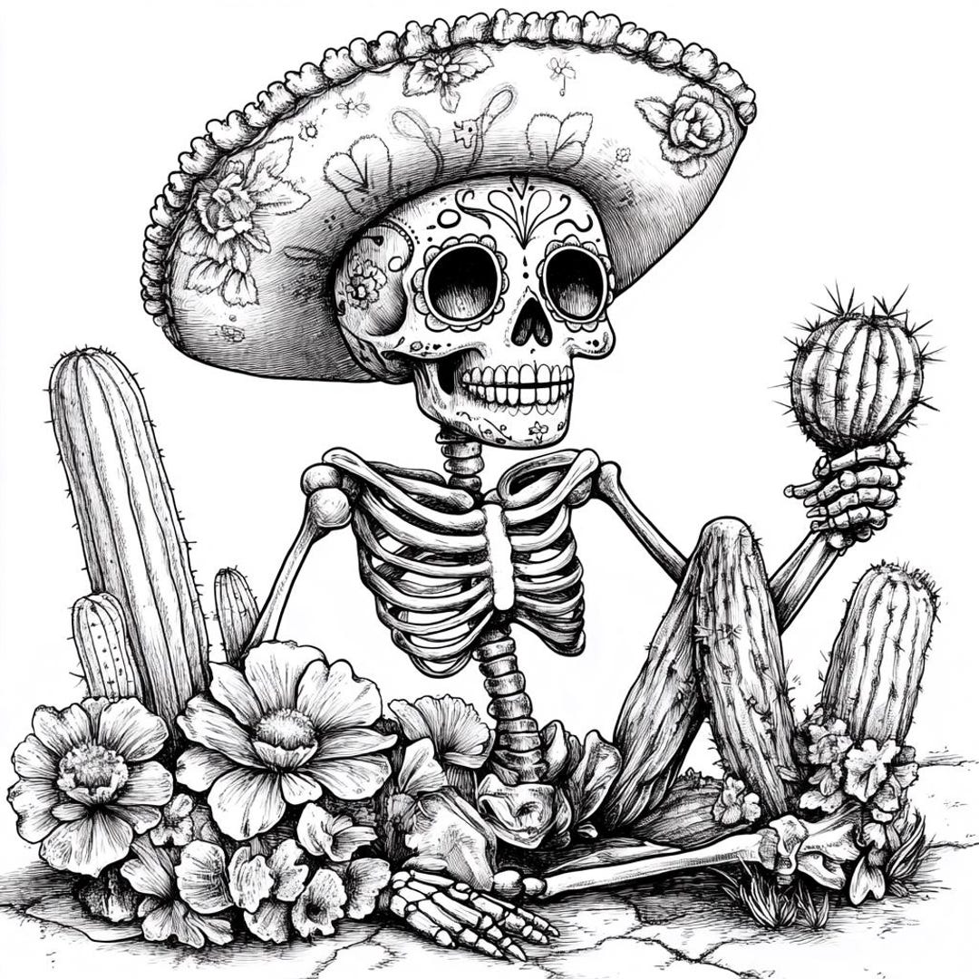 Skeleton Latin American Cartoon Line Art Black and White Bundle 2 20 ...