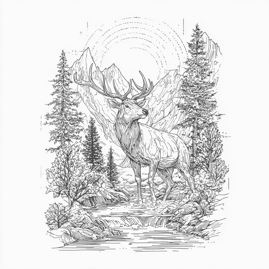 Elk Forrest Black and White Line Art Bundle 2 28 Line Art Ai Images PNG ...