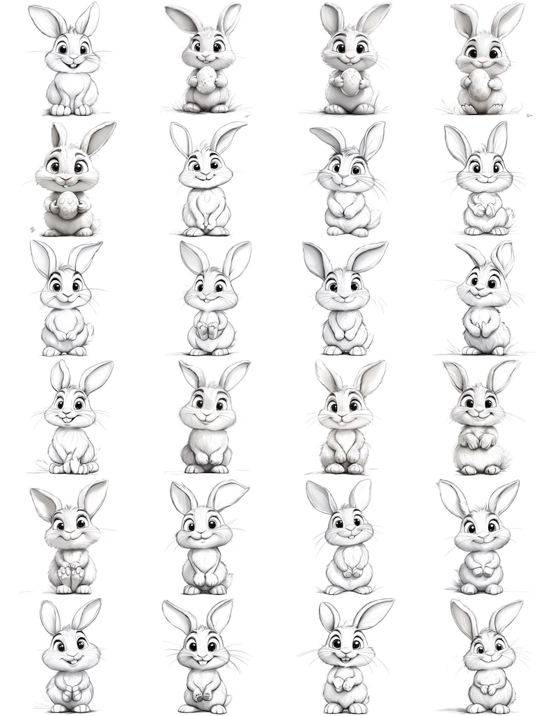 Bunny Cartoon Line Art Black and White Bundle 2 50 Digital Ai Line Art ...