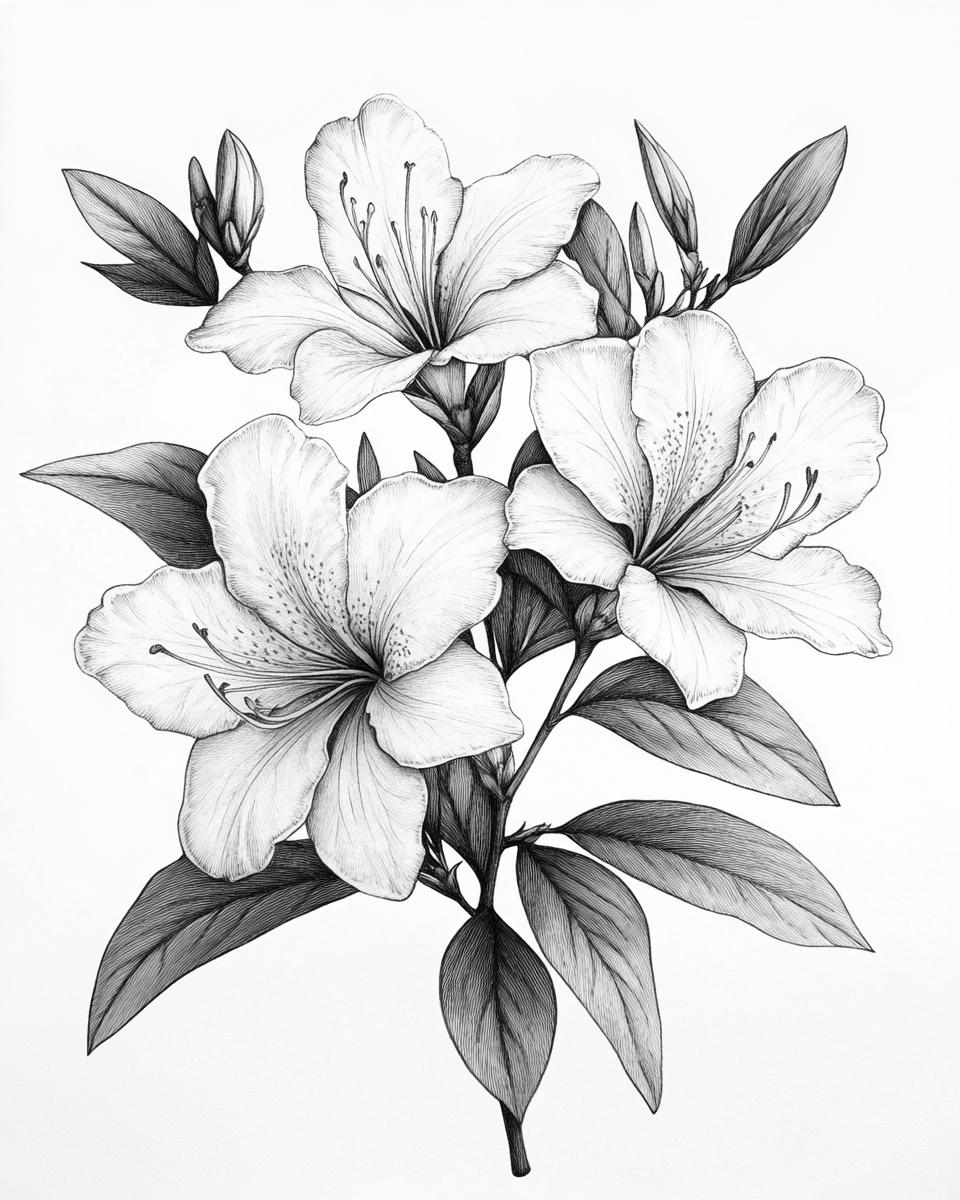 Azaleas Blooms Line Art Pen & Ink Monochrome Transparent Background ...