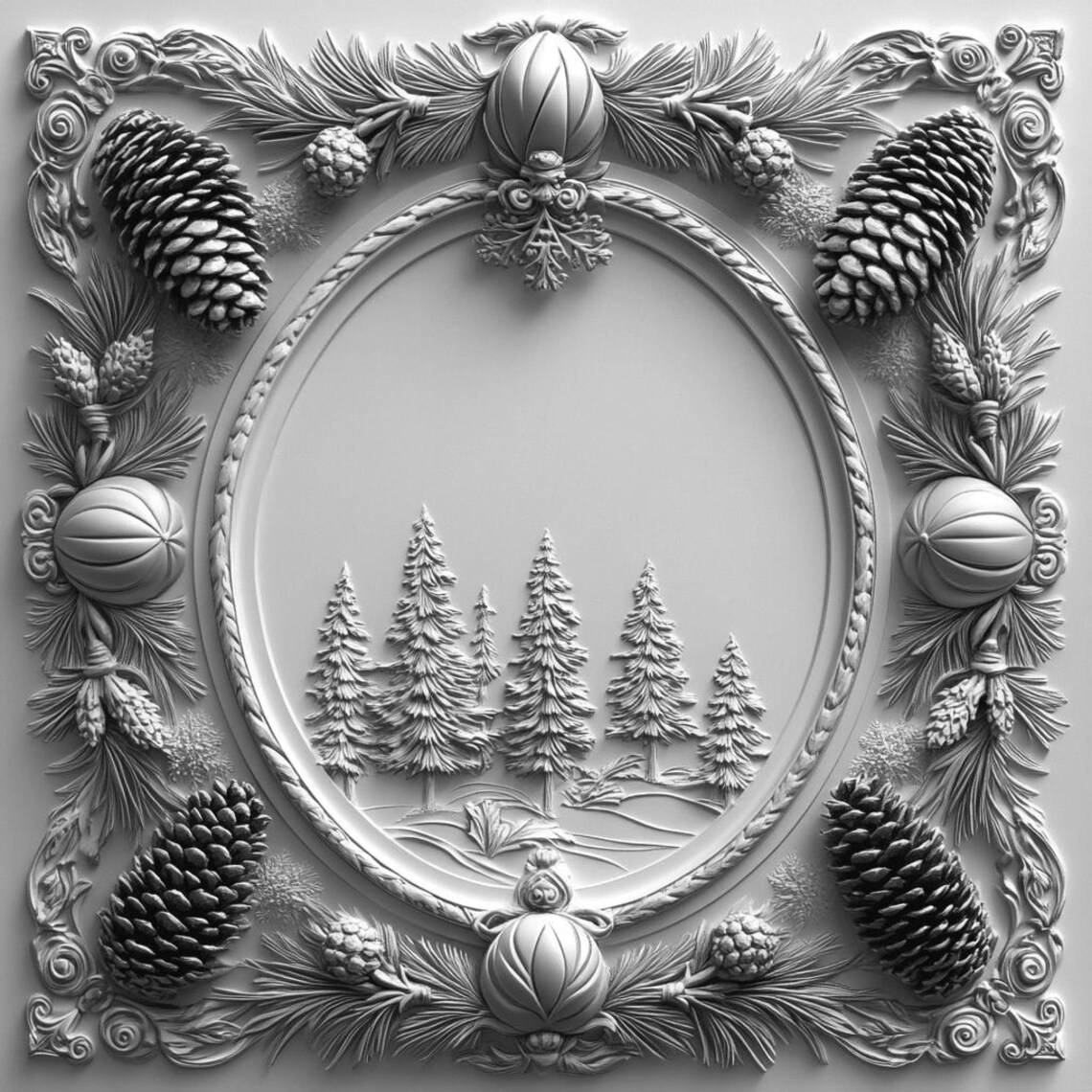 Frame Vintage Pine Cone Bas Relief Greyscale Bundle 2 18 Digital Ai ...