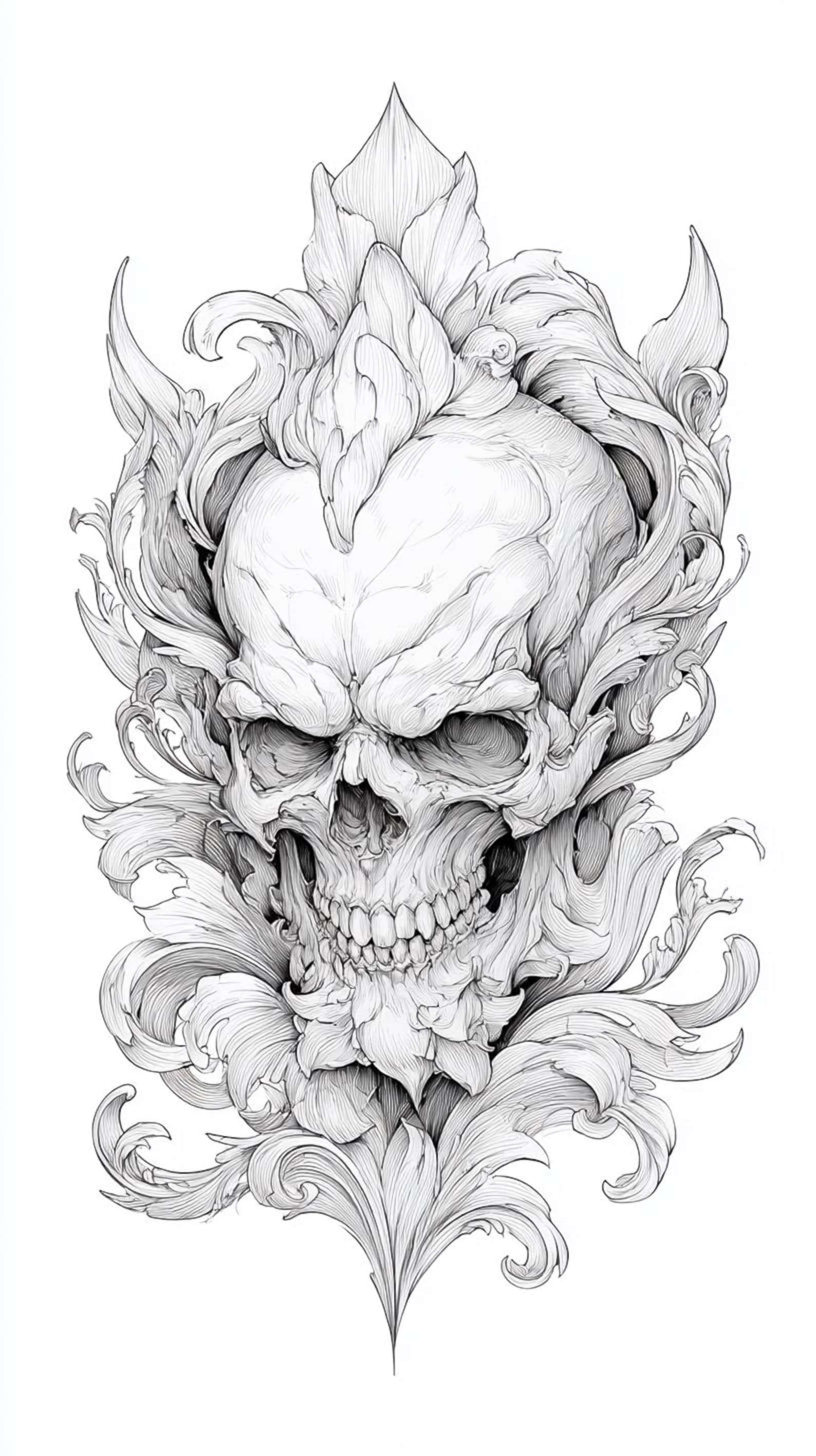 Skeleton Head With Swirls Line Art Black and White Bundle 2 22 Digital ...