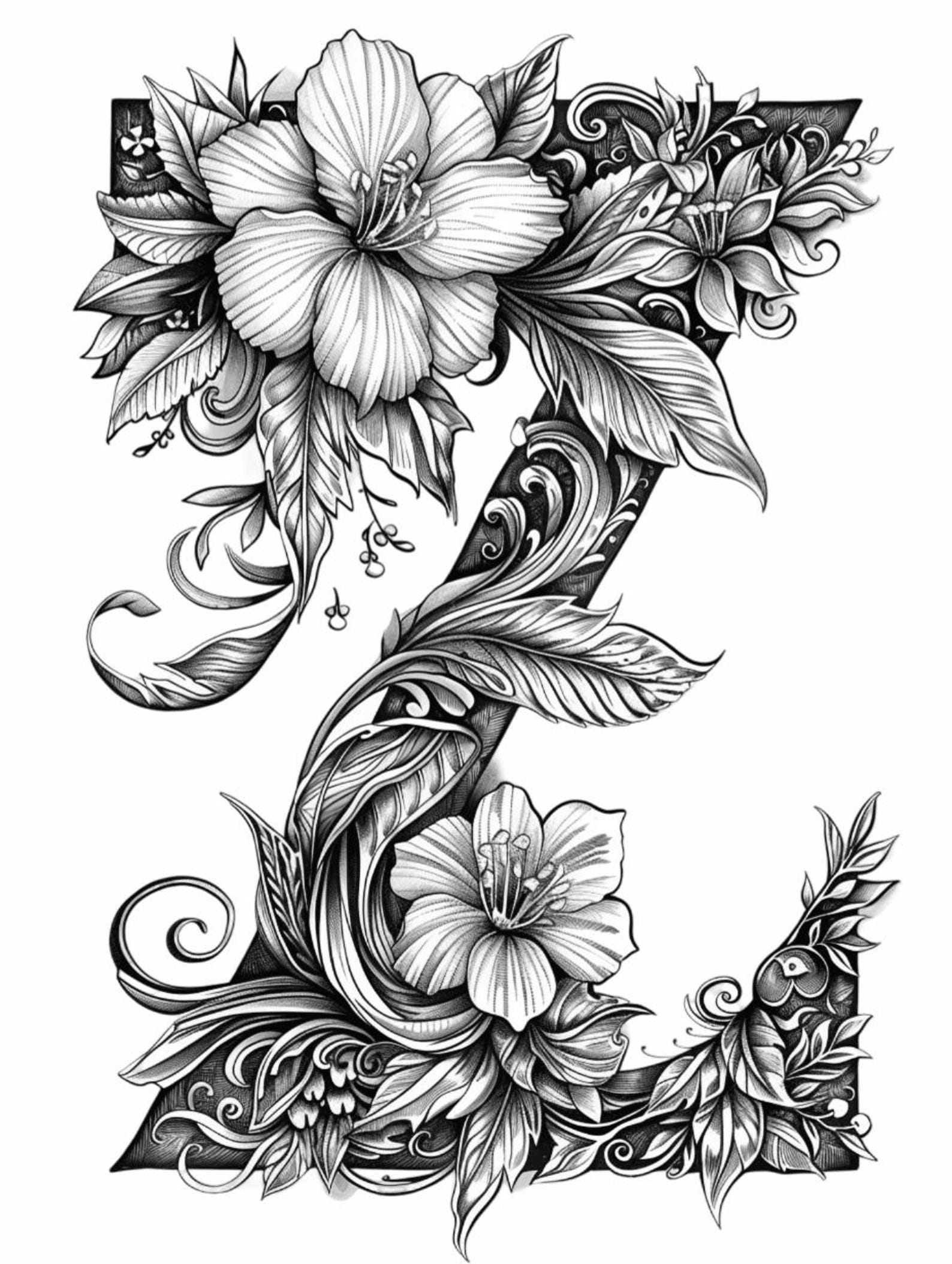 Cherry Blossom Alphabet Cap Drop Black/white Line Art Bundle V-Z 19 ...