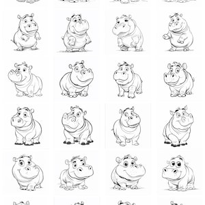 Hippo Cartoon Black and White Line Art Bundle 1 105 Digital Ai Line Art ...