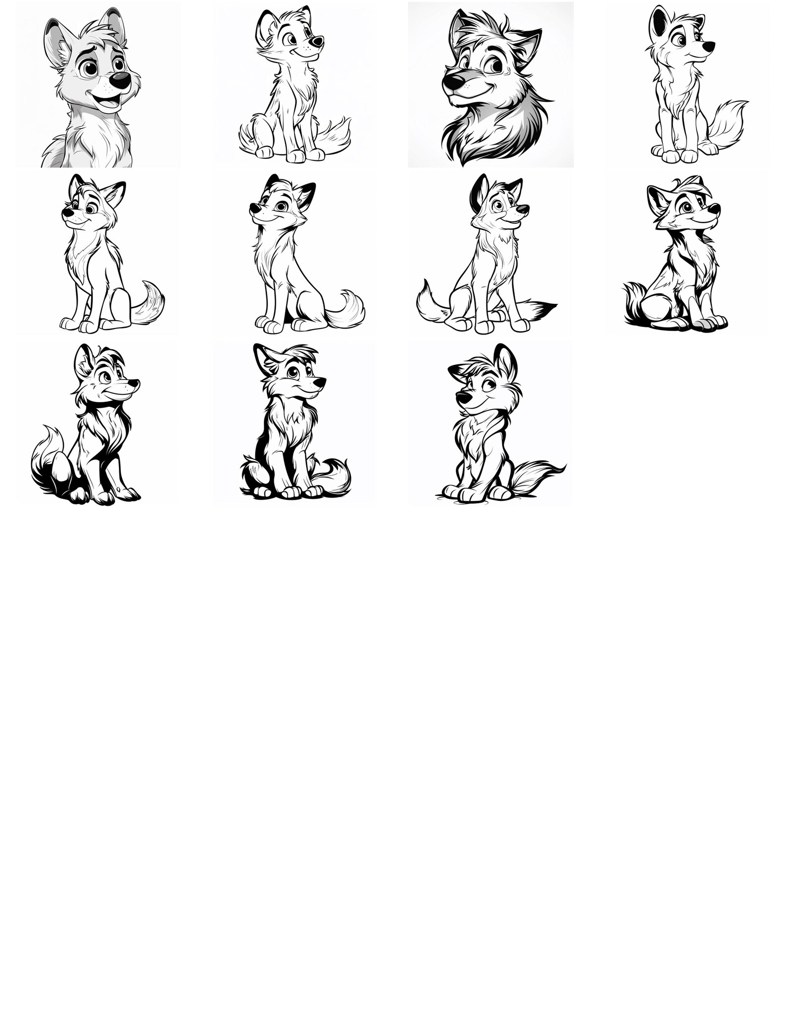 Wolf Cartoon Line Art Black and White Bundle 3 32 Digital Ai Line Art ...