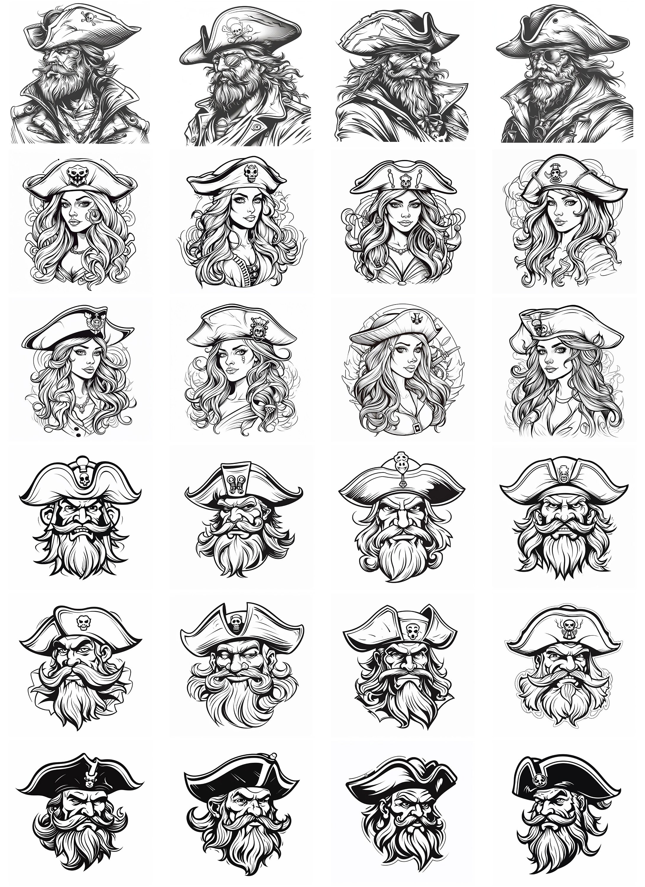 Pirate Head Line Art Black and White Bundle 1 120 Digital Line Art Ai ...