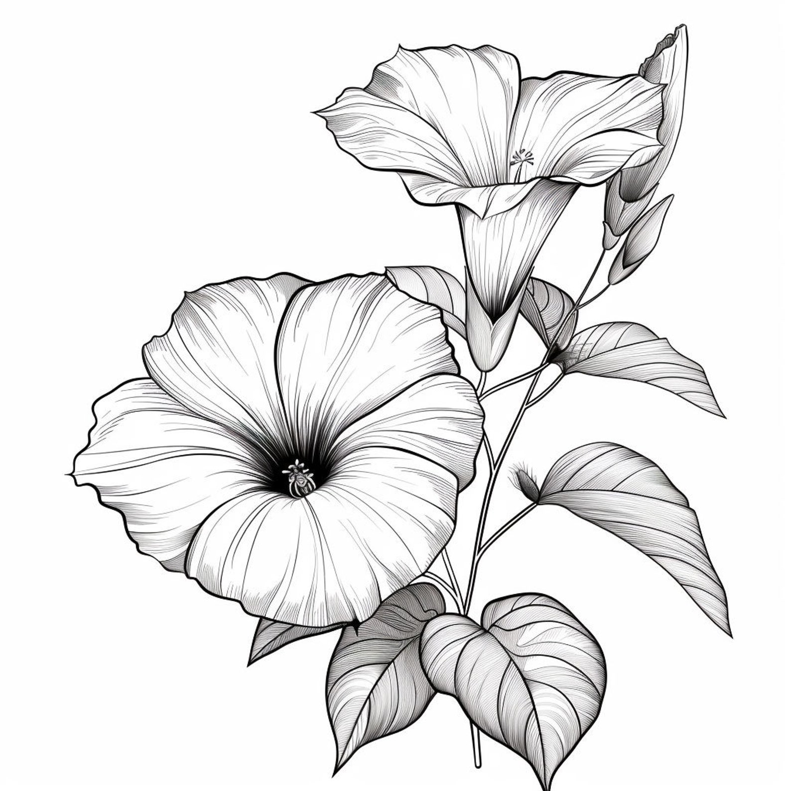 Morning Glory Blooms Line Art Black and White Bundle 1 96 Digital Line ...