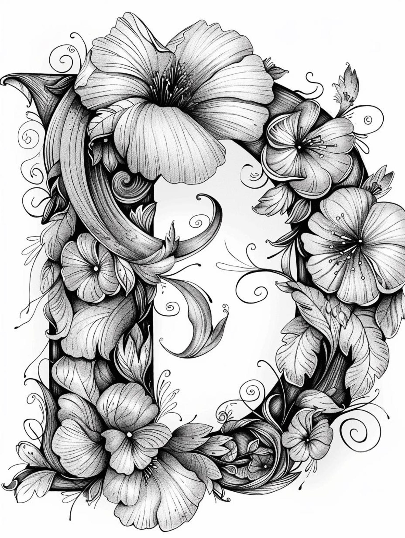 Cherry Blossom Alphabet Cap Drop Black/white Line Art Bundle A-G 28 ...