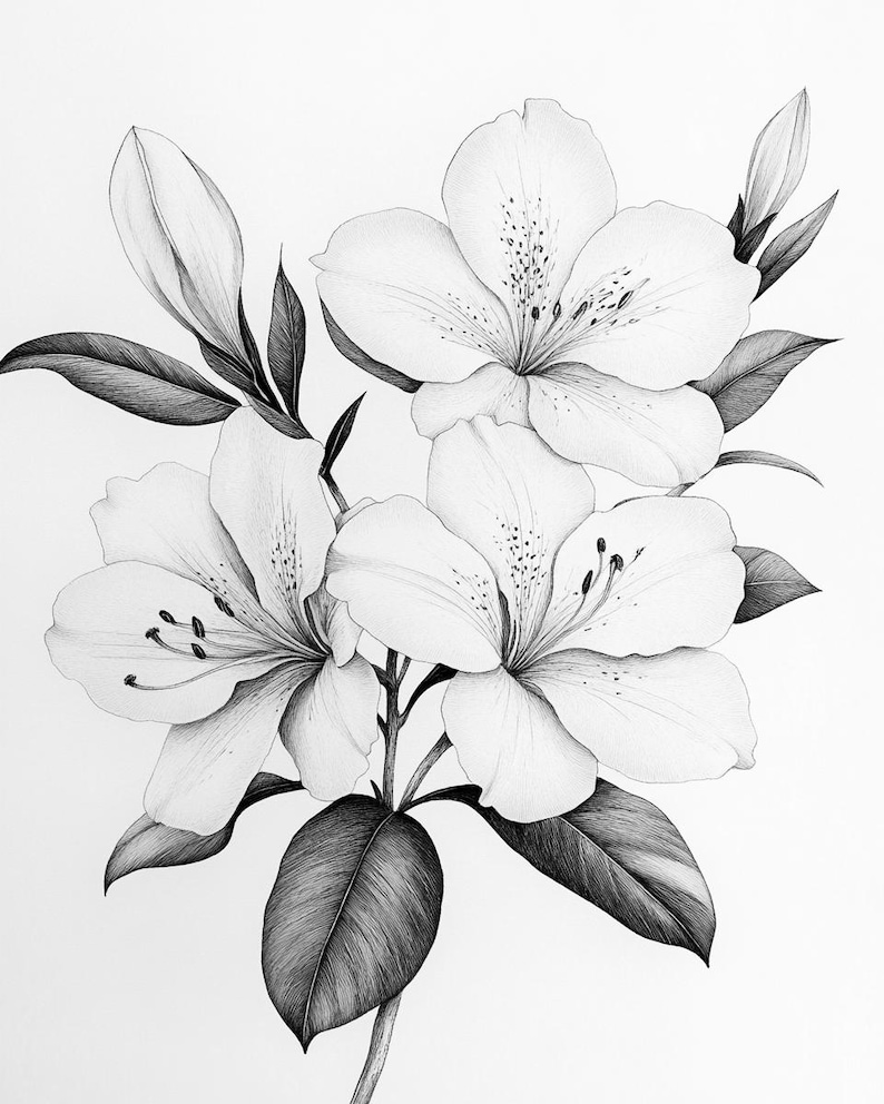 Azaleas Blooms Line Art Pen & Ink Monochrome Transparent Background ...