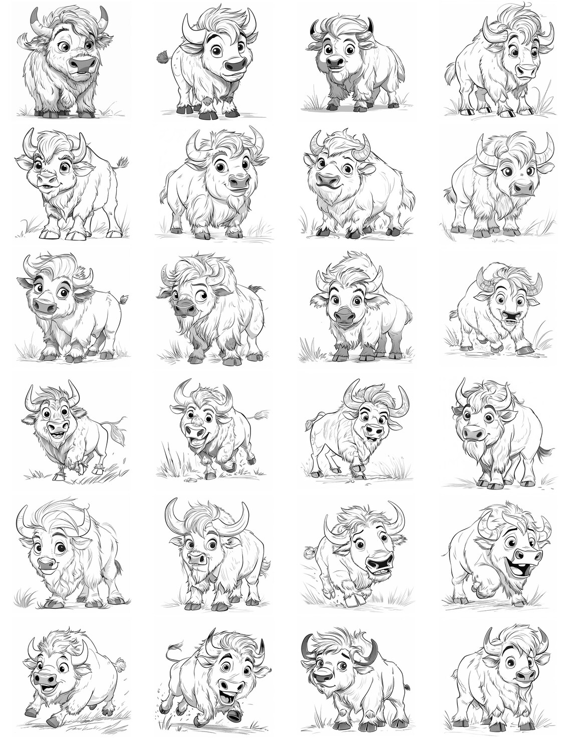 Buffalo/bison Cartoon Line Art Black and White Bundle 2 90 Digital Line ...
