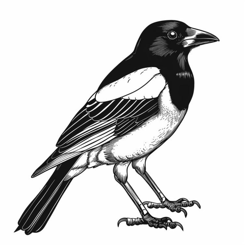 Magpie Realistic Line Art Illustration Black and White Bundle 1 50 ...