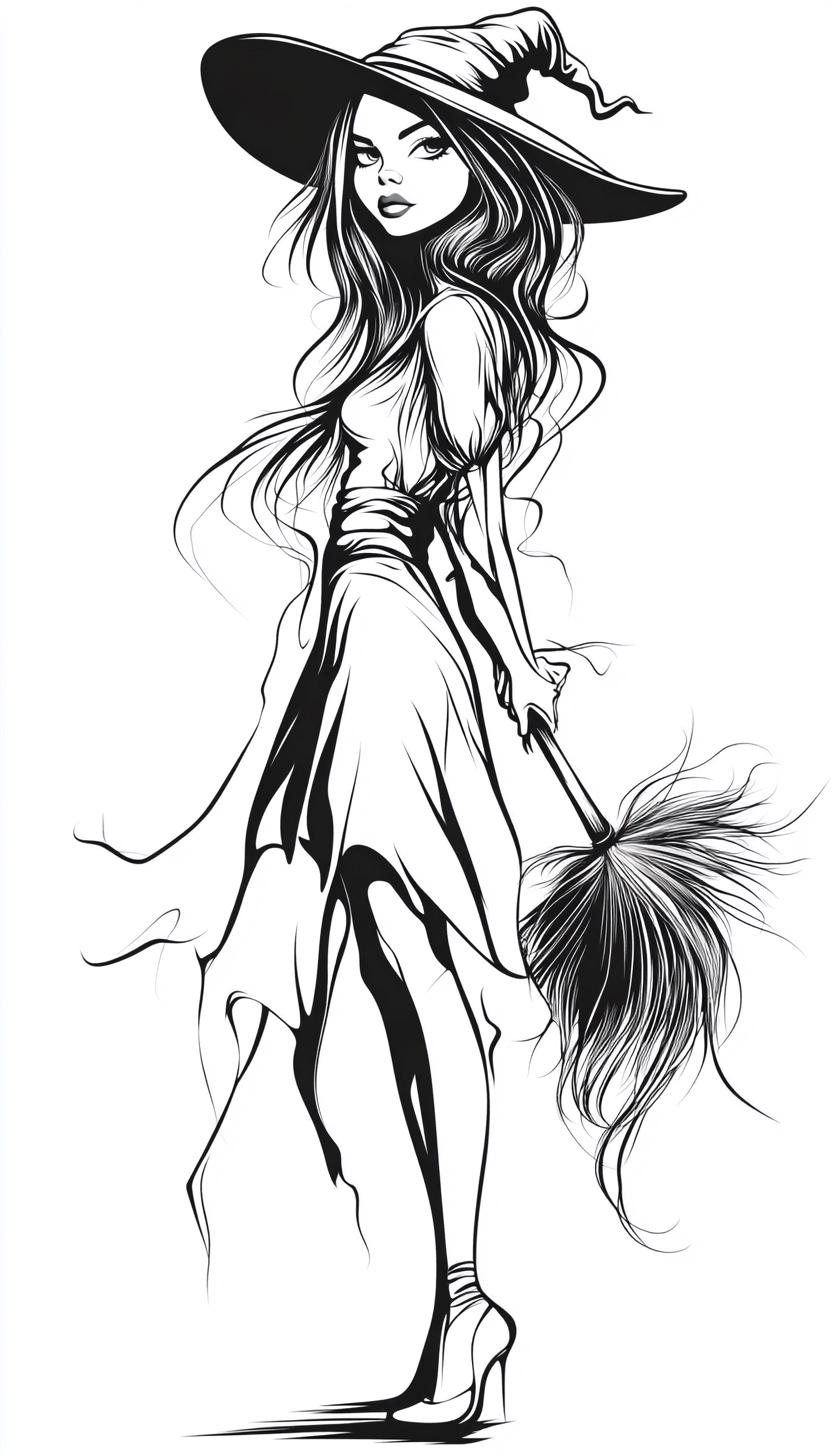 Witch Lovely Cartoon Line Art Illustration Black and White Bundle 4 72 ...