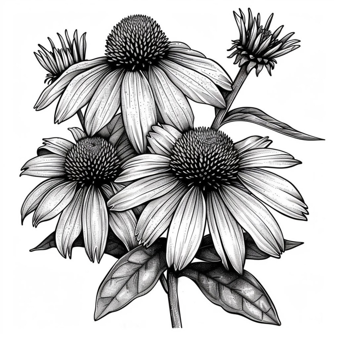 Cone Flower Line Art Black and White Bundle 1 96 Digital Line Art Ai ...