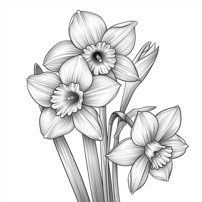 Daffodils Line Art Black and White Bundle 1 32 Digital Line Art Svg-png ...