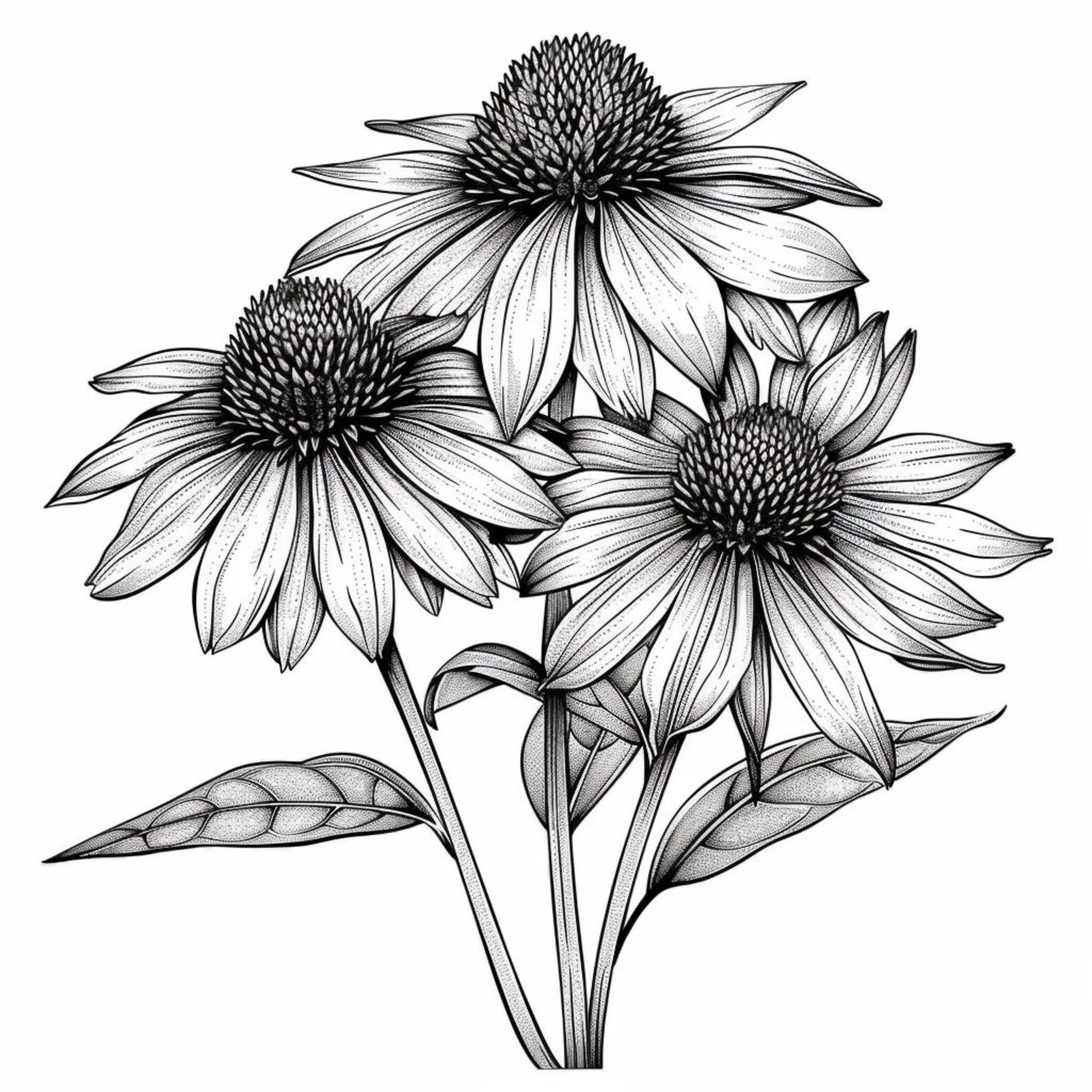 Coneflower Line Art Black and White Bundle 4 48 Digital Line Art Ai Svg ...