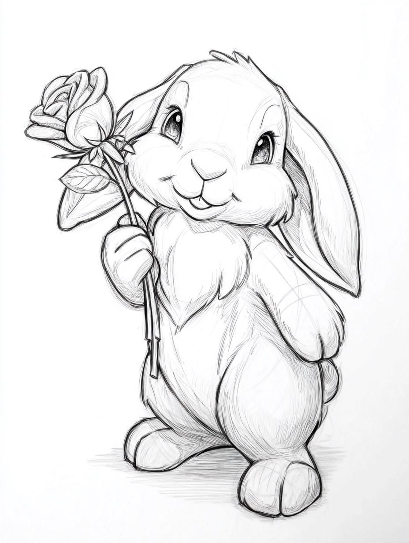 Bunny With Rose Cartoon Black and White Bundle 1 21 Digital Ai Line Art ...