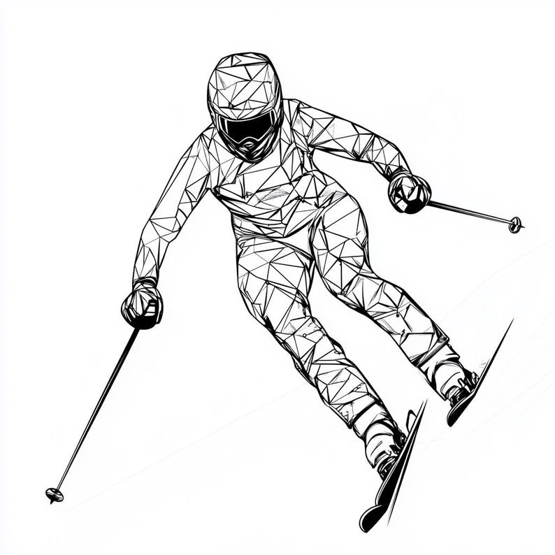 Skier Geometric Line Art Illustration Black and White Bundle 2 40 ...