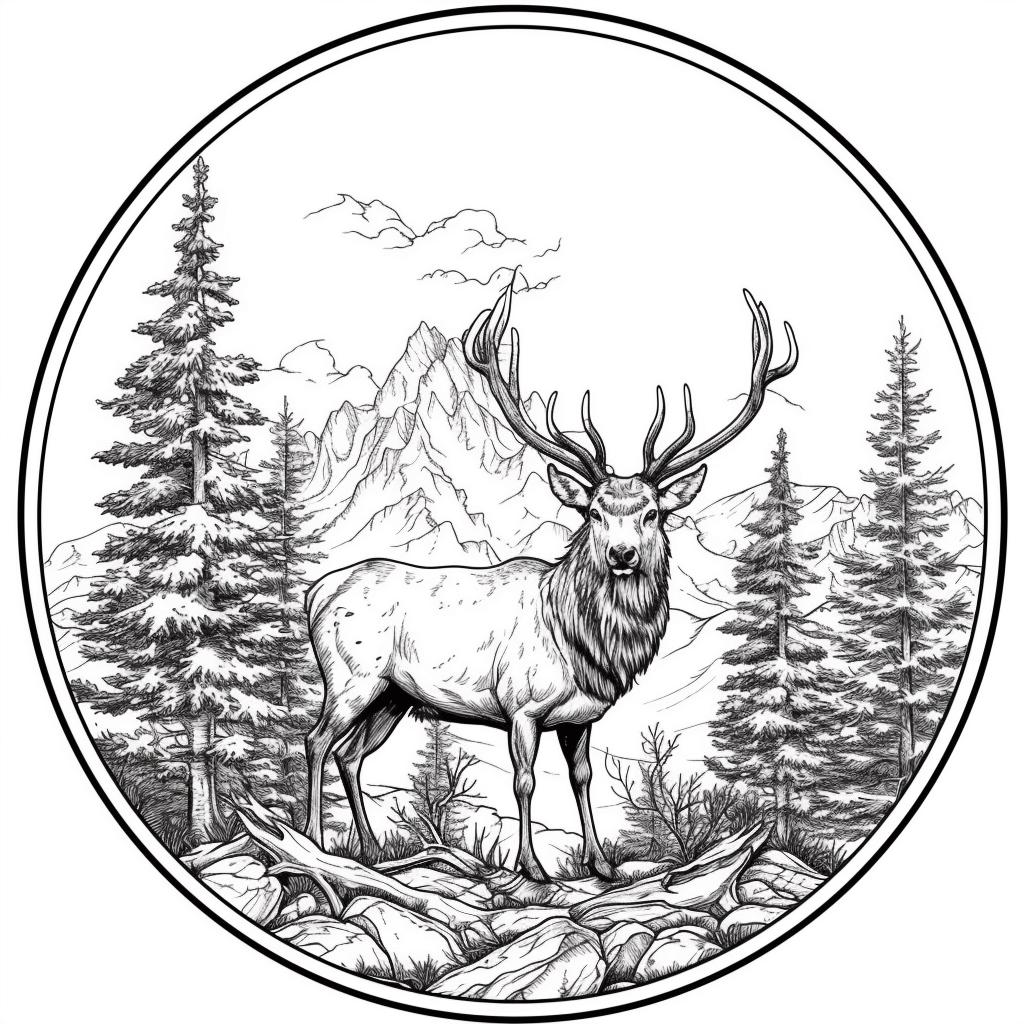 Elk Oval Mountain Forrest Black and White Line Art Bundle 2 36 Digital ...