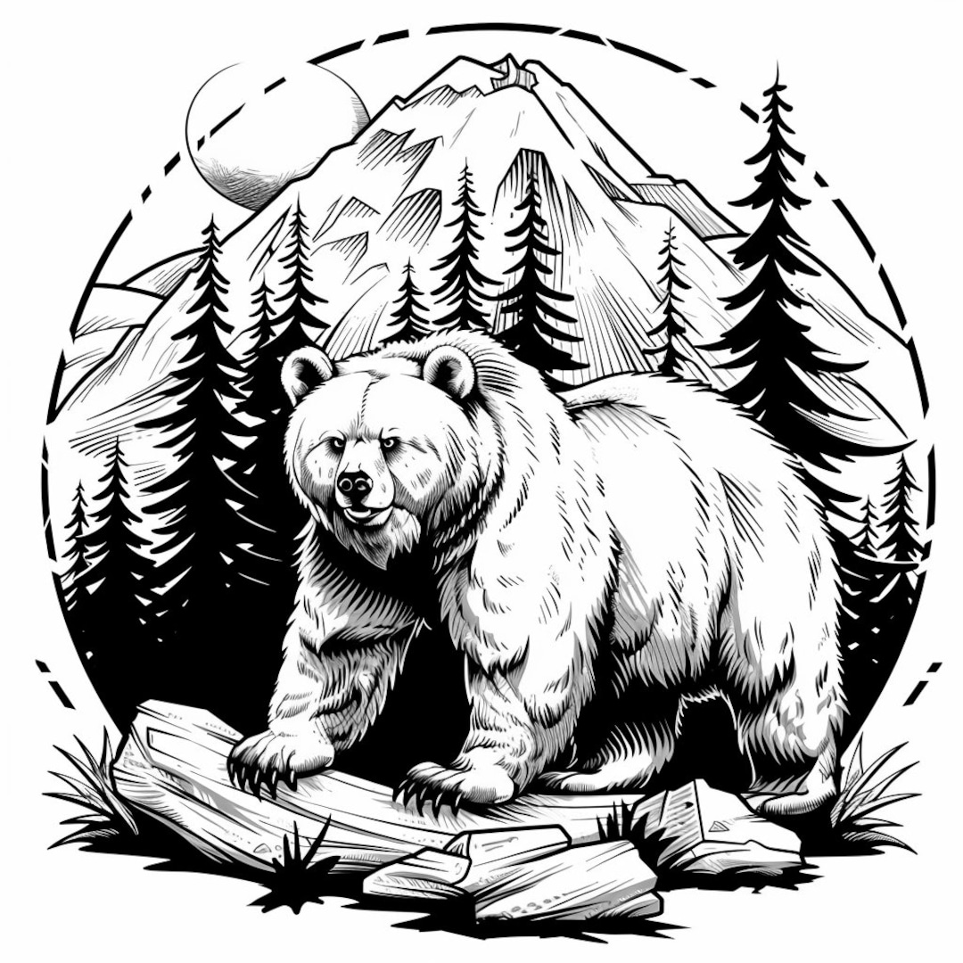 Bear Mountain Scene Illustrations Black and White Bundle 4 32 Digital ...