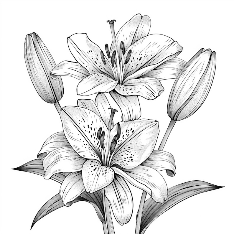 Lily Blooms Line Art Black and White Bundle 4 24 Digital Ai Line Art ...