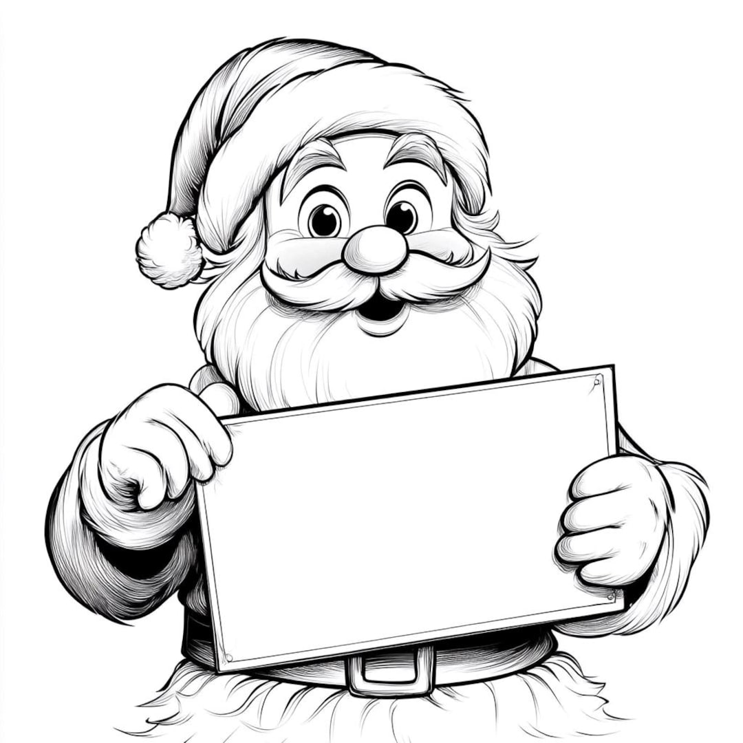 Santa Holding Sign Cartoon Line Art Illustration Black and White Bundle ...
