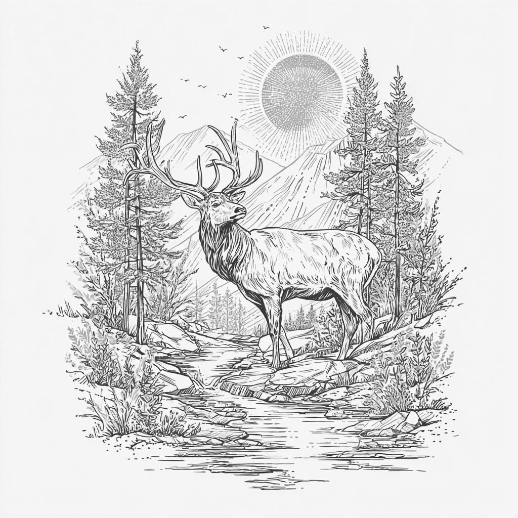 Elk Forrest Black and White Line Art Bundle 2 28 Line Art Ai Images PNG ...