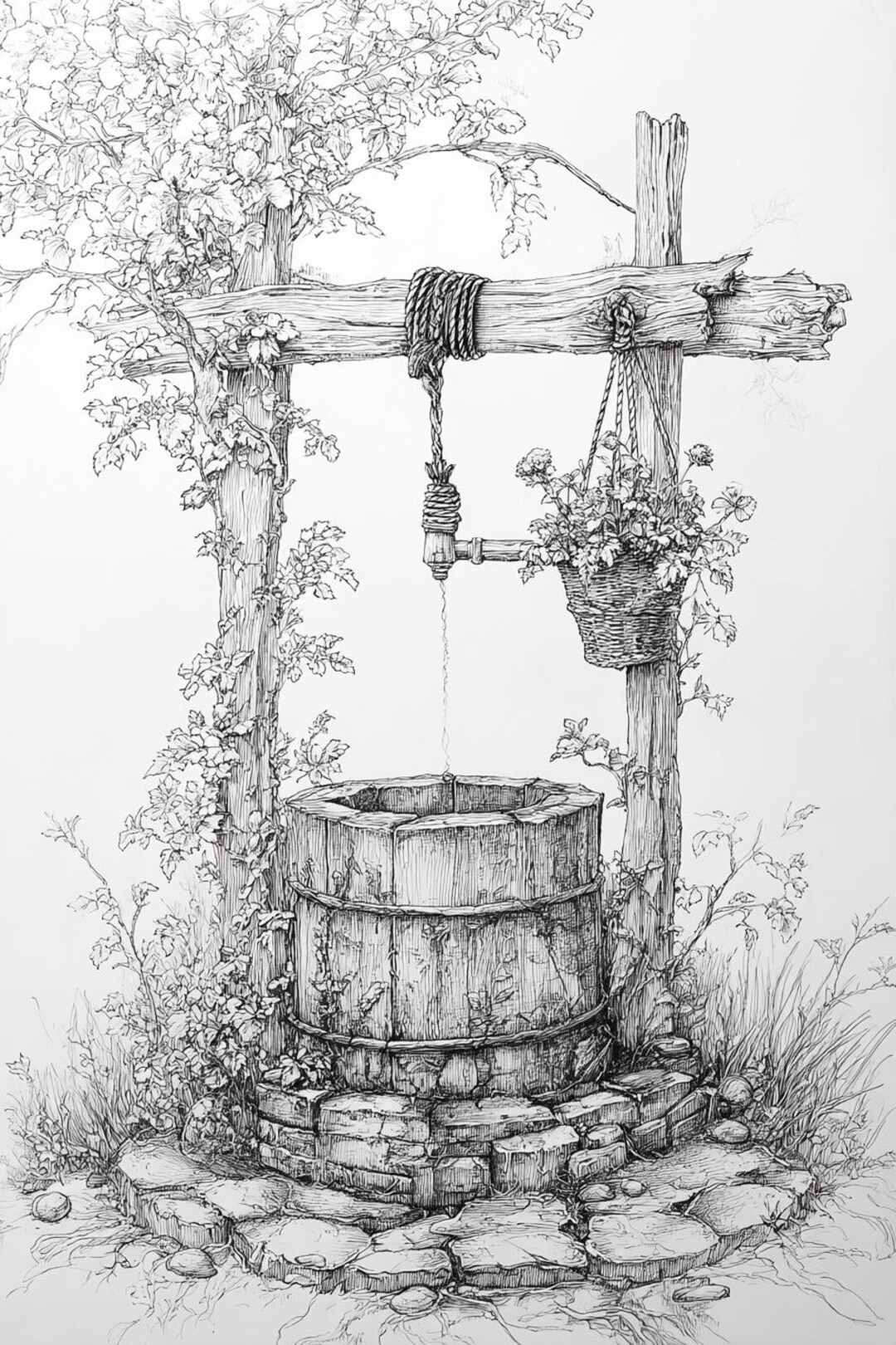 Wishing Well and Spring Flowers Black/white Line Art Bundle 3 24 ...