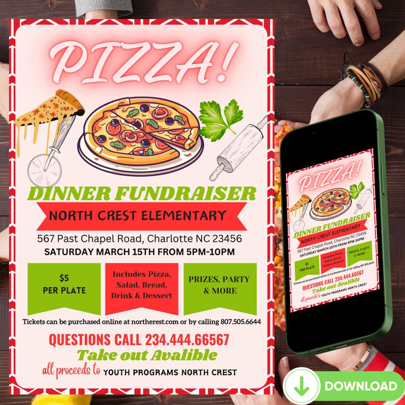 Pizza Fundraiser Flyer Editable Template: Dinner Event (digital Food ...
