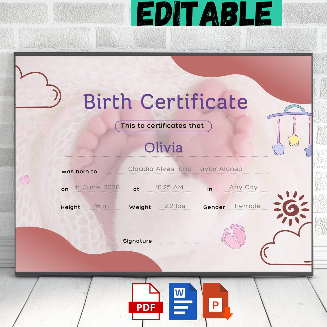 Printable Baby Birth Certificate Template: Keepsake Gift (digital ...