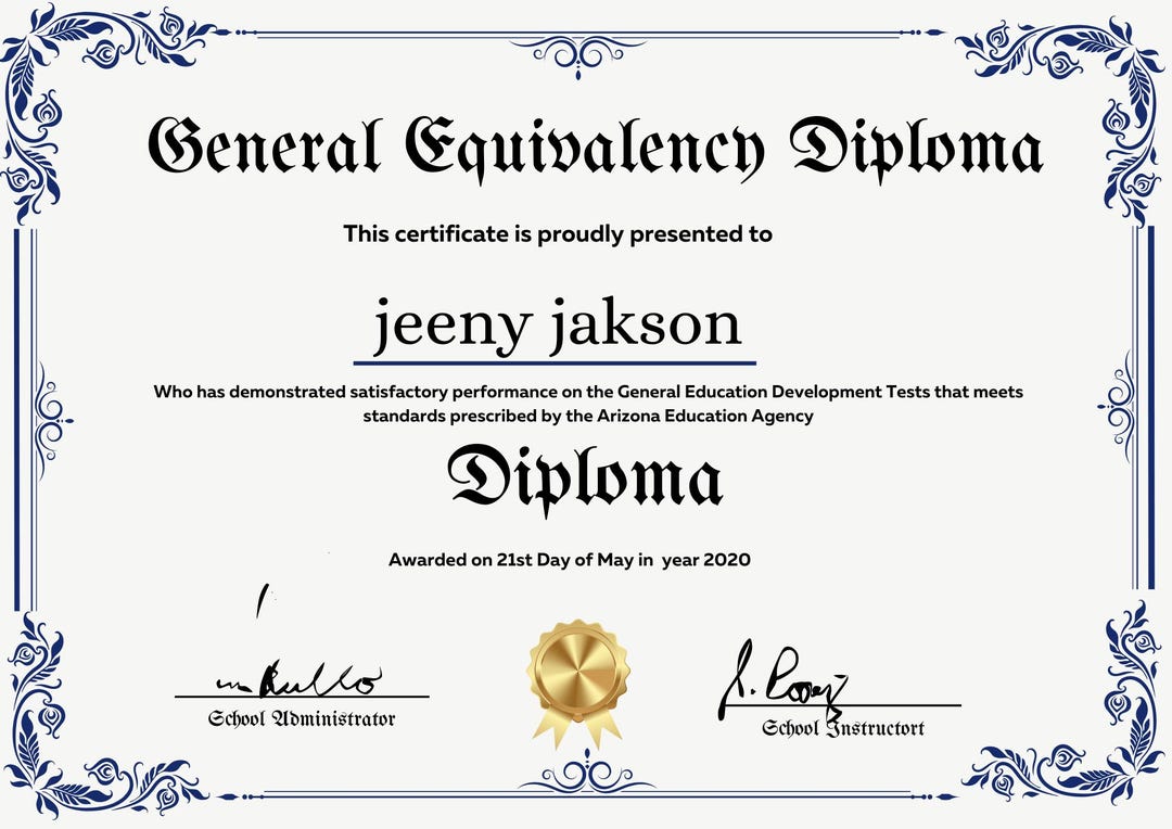 Printable GED Diploma Template, High School Diploma, School Equivalency ...