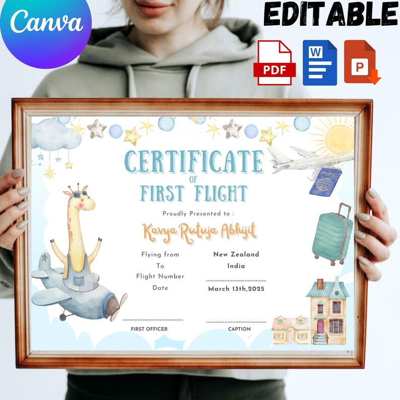 Editable First Flight Certificate Template: Kids Airplane Travel Award ...