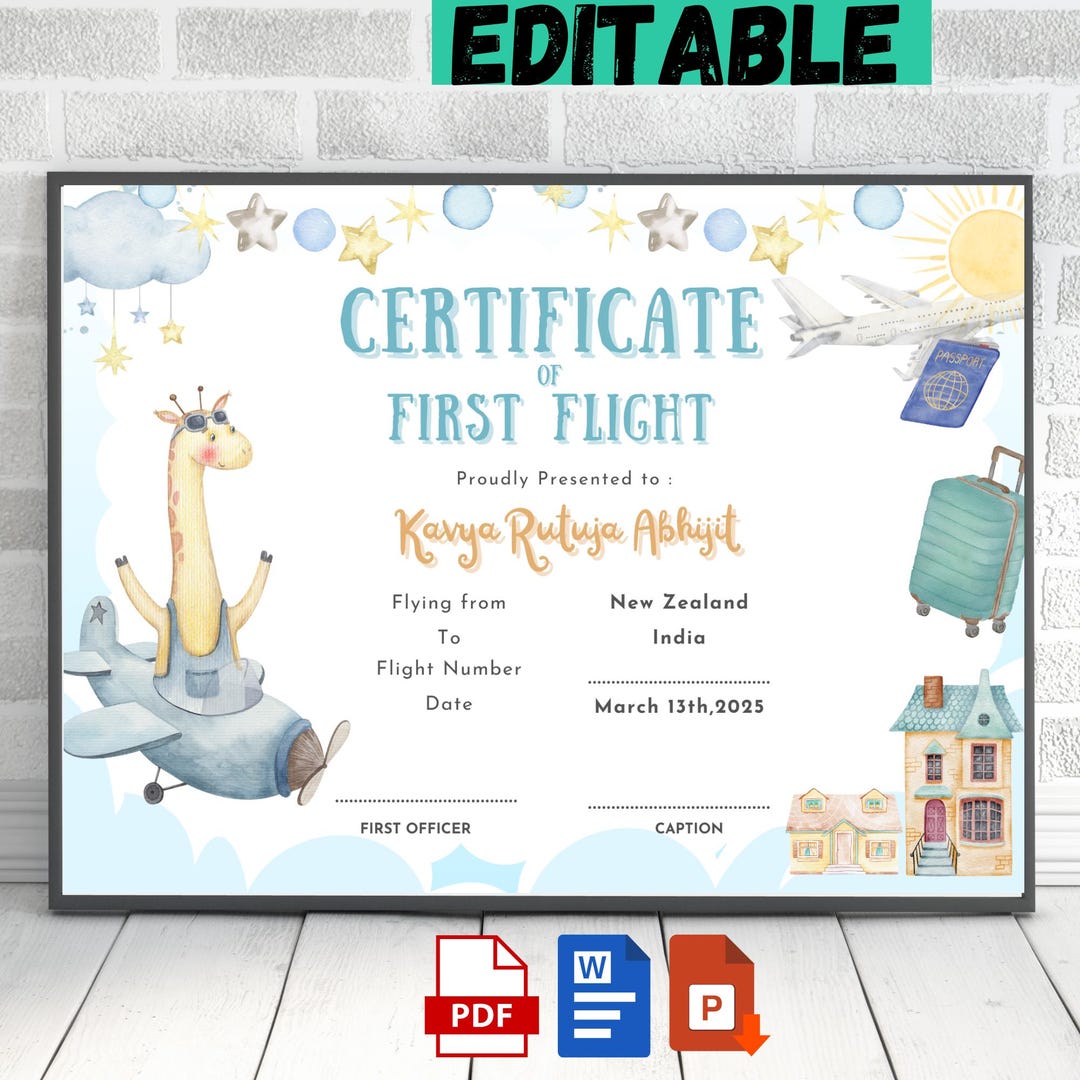 Editable First Flight Certificate Template: Kids Airplane Travel Award ...