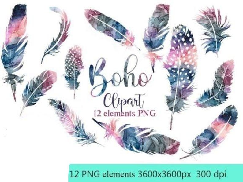 Watercolor Feather Clipart Bundle, Feather PNG, Boho Feather, Colorful Feather, Spring Clipart ...
