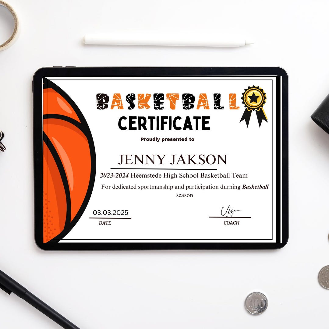 Editable Basketball Participation Certificate: Printable Award Template ...