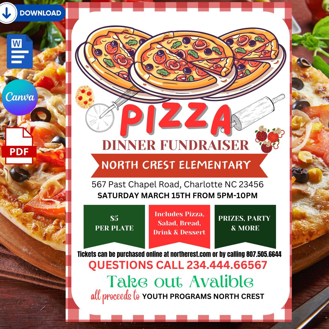 Editable Pizza Dinner Fundraiser Flyer: School PTA PTO (digital ...