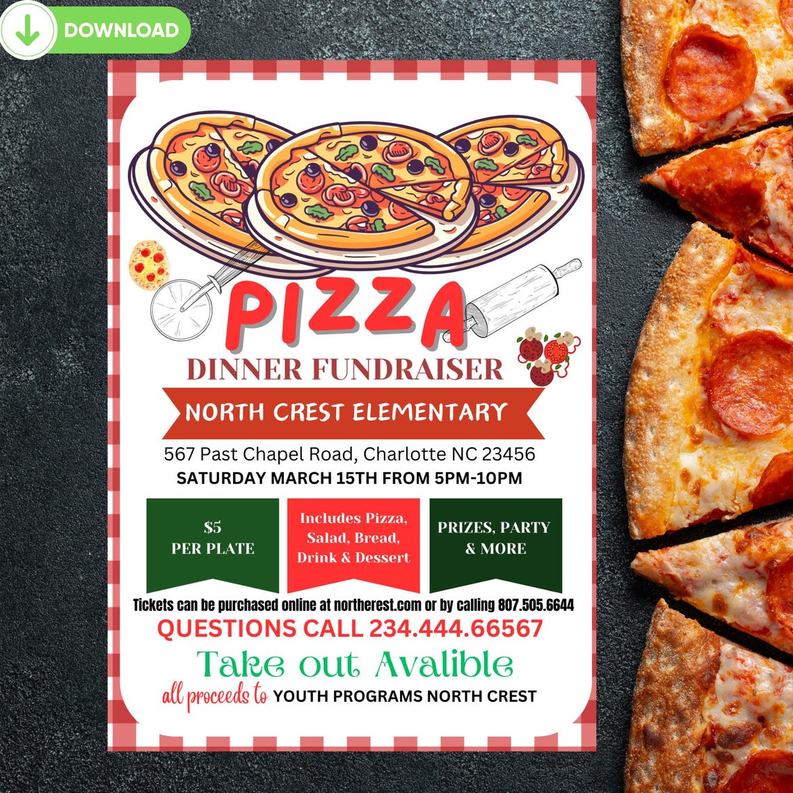 Editable Pizza Dinner Fundraiser Flyer: School PTA PTO (digital ...