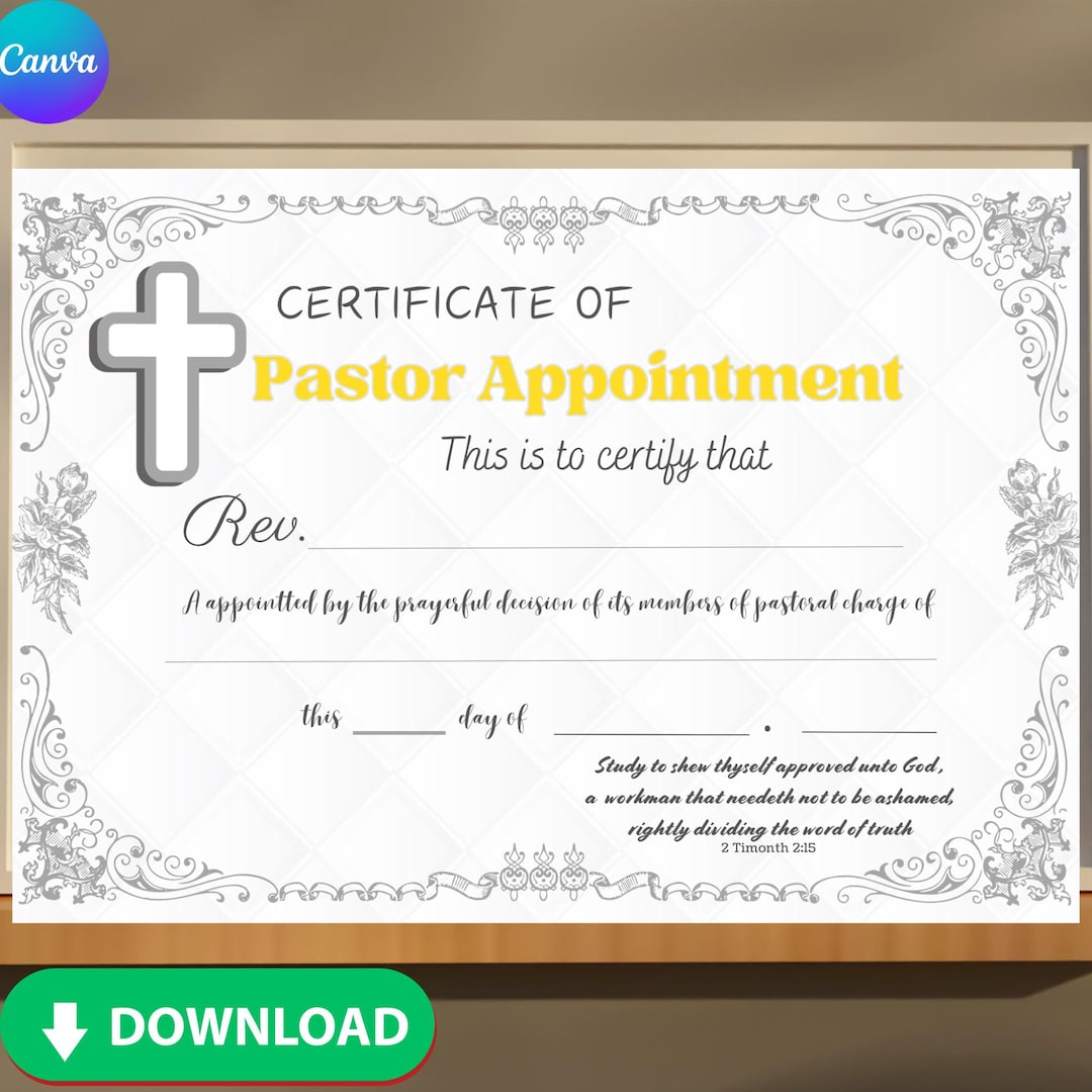Pastor Appointment Certificate Template, Editable Certificate of ...
