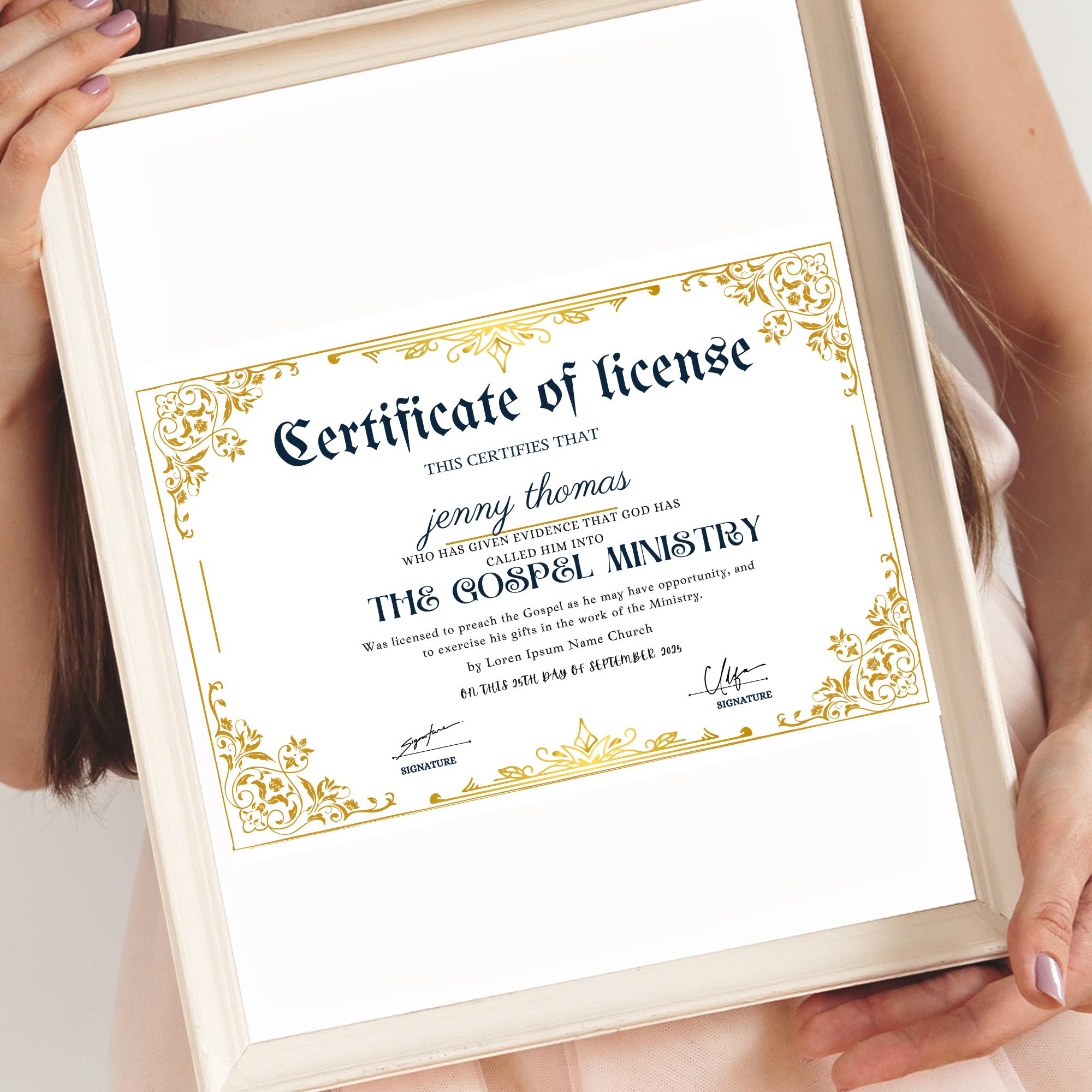Minister License Certificate: Editable License to Preach (printable ...