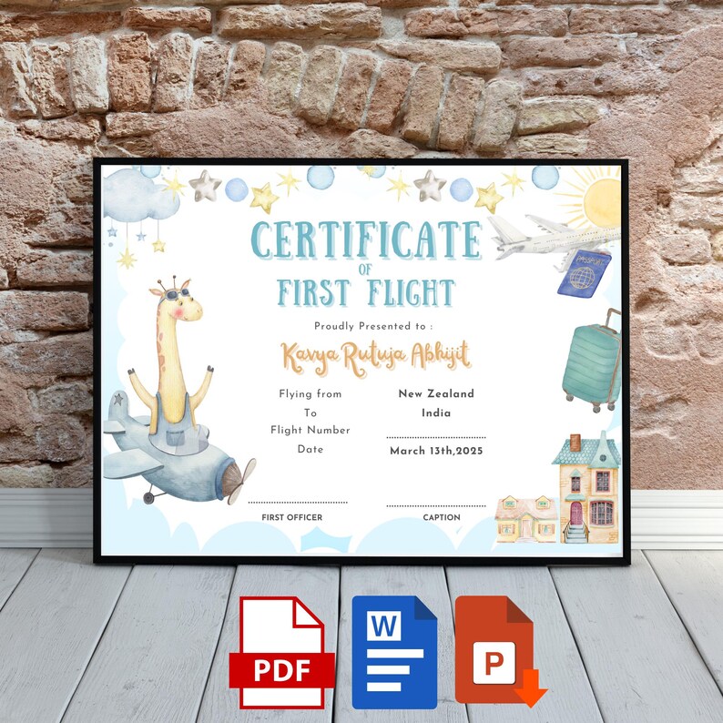 Editable First Flight Certificate Template: Kids Airplane Travel Award ...