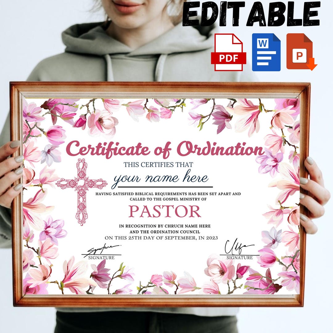 Editable Ordination Certificate Template: Floral Design (digital ...
