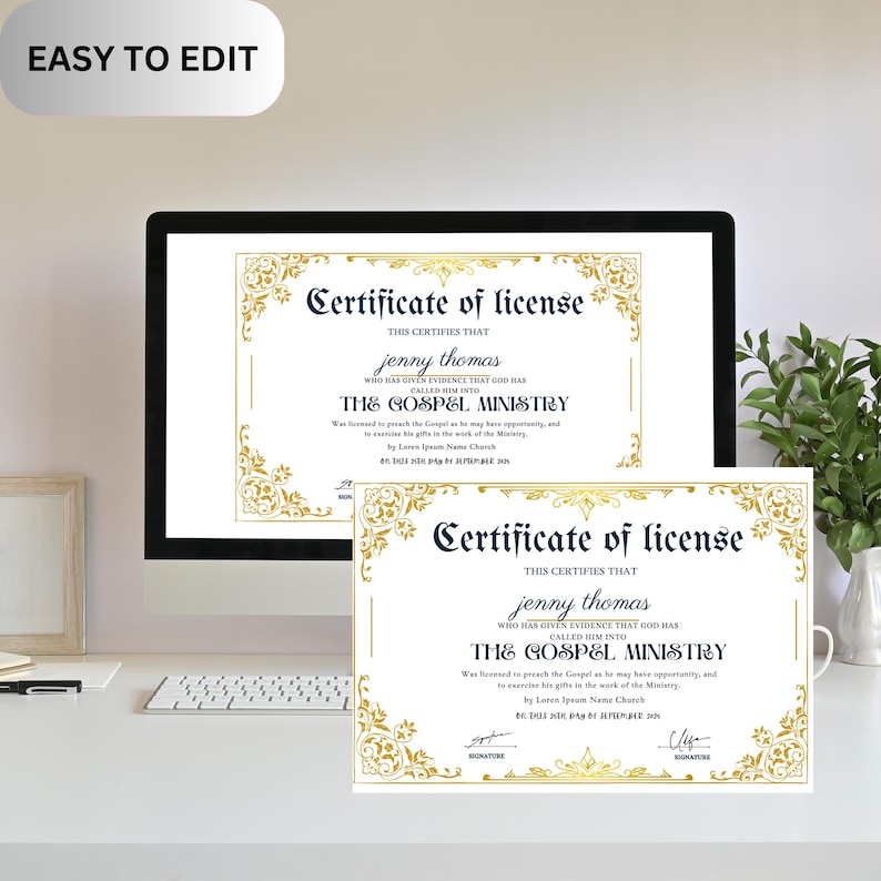 Minister License Certificate: Editable License to Preach (printable ...