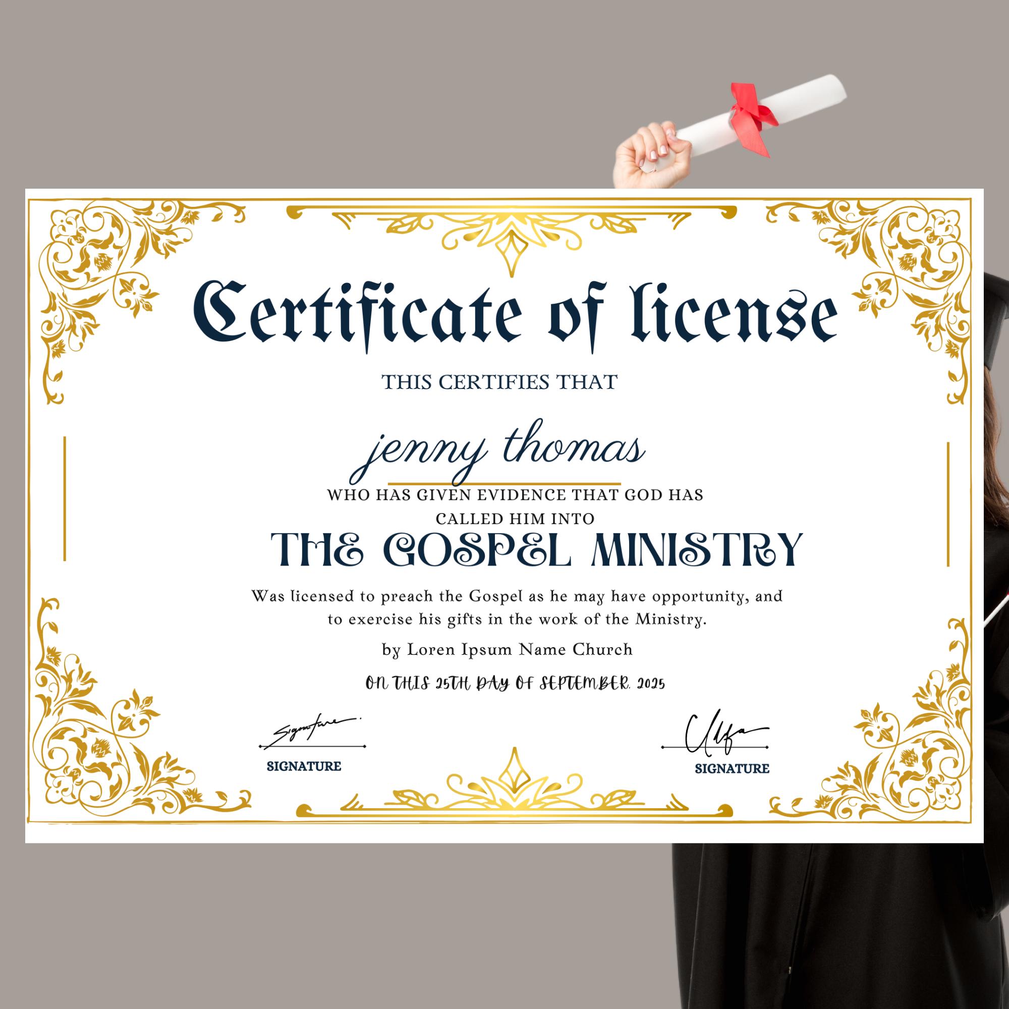 Minister License Certificate: Editable License to Preach (printable ...