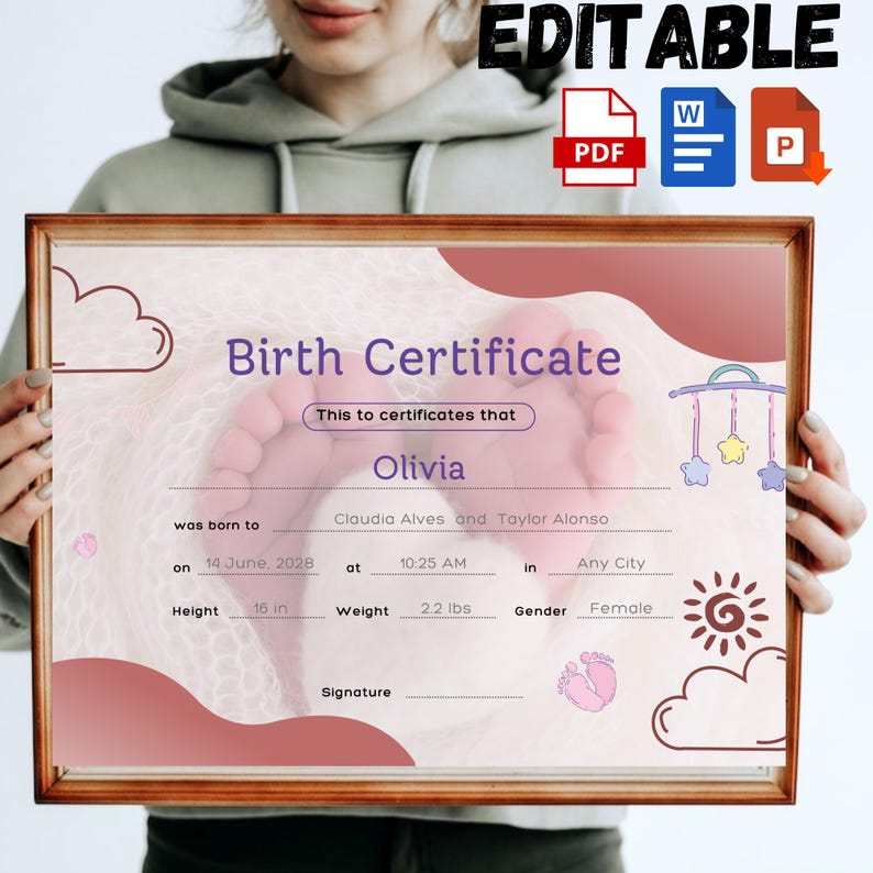 Printable Baby Birth Certificate Template: Keepsake Gift (digital ...