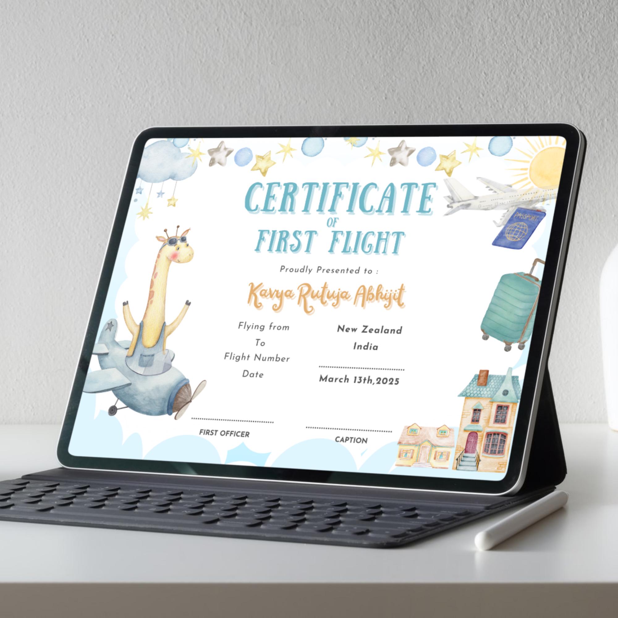 Editable First Flight Certificate Template: Kids Airplane Travel Award ...