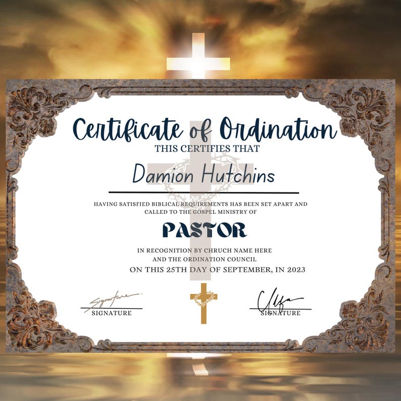 Editable Ordination Certificate Template: Minister, Pastor, Deacon ...
